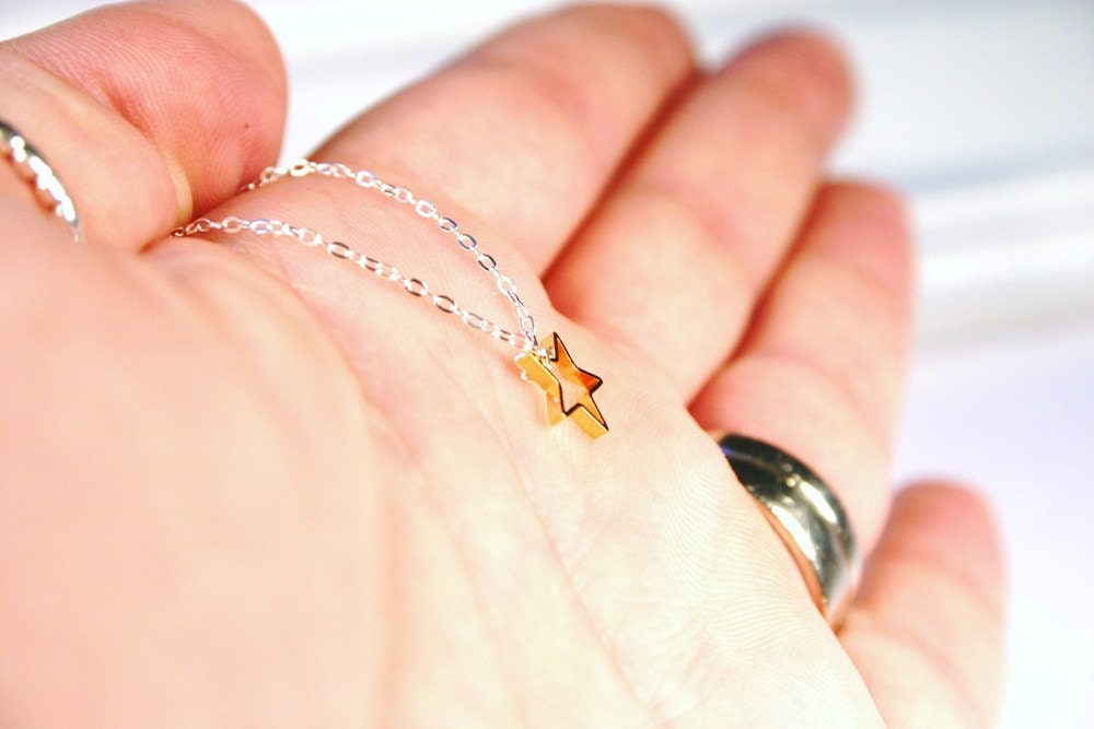 Gold Star Necklace - Petite Golden Brass Floating Sterling Silver ...
