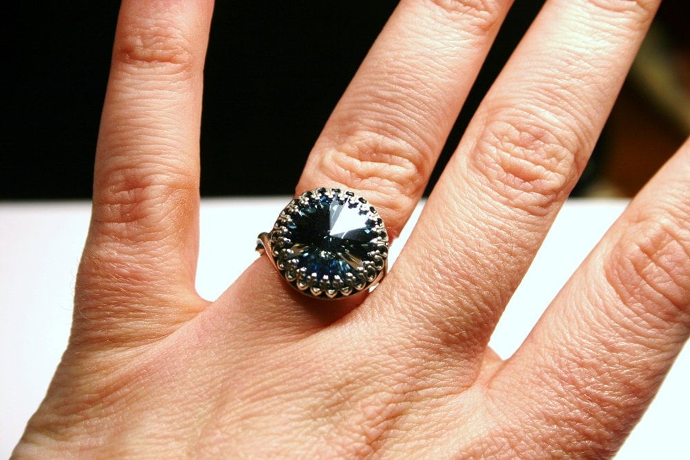 Swarovski Crystal Cocktail Ring Steel Blue Dark Gray Metallic Silver ...