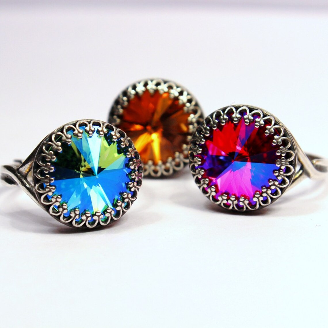 Swarovski Crystal Cocktail Ring Turquoise Blue Dark Hot Fuchsia Pink ...