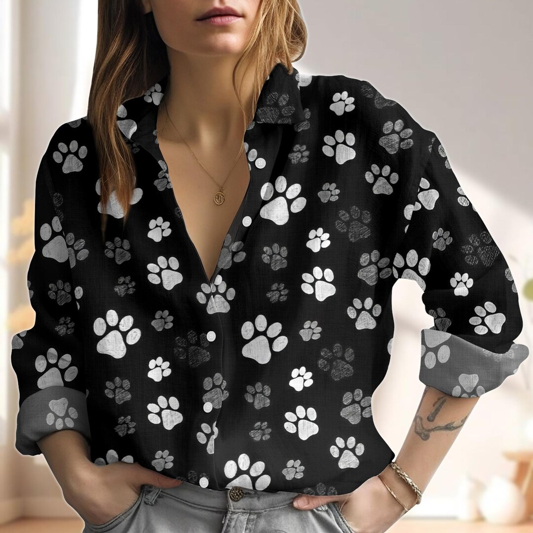 Dog Footprints Linen-look Shirt, Vintage Dog Blouses Shirt, Cute Dog ...