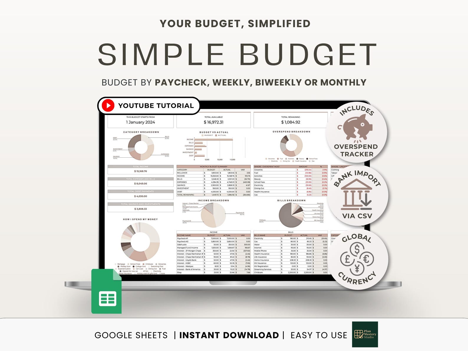 Budget Spreadsheet Google Sheets Monthly Budget Planner Weekly Paycheck ...