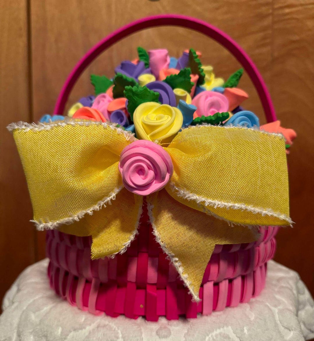 Faux Rainbow Air Dry Clay Roses in a Pink Basket, DIY Florals ...