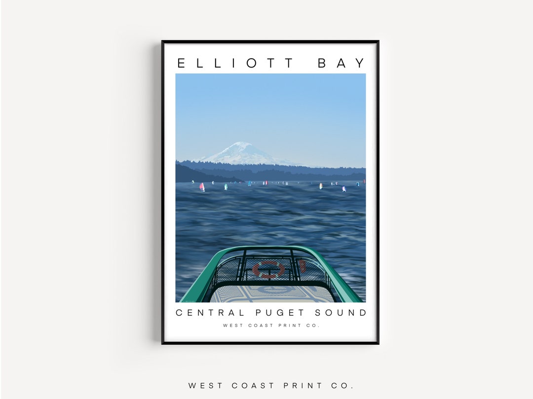 Seattle, Mt Rainier, Elliott Bay, Ferries, Art Print, Washington, Wall ...