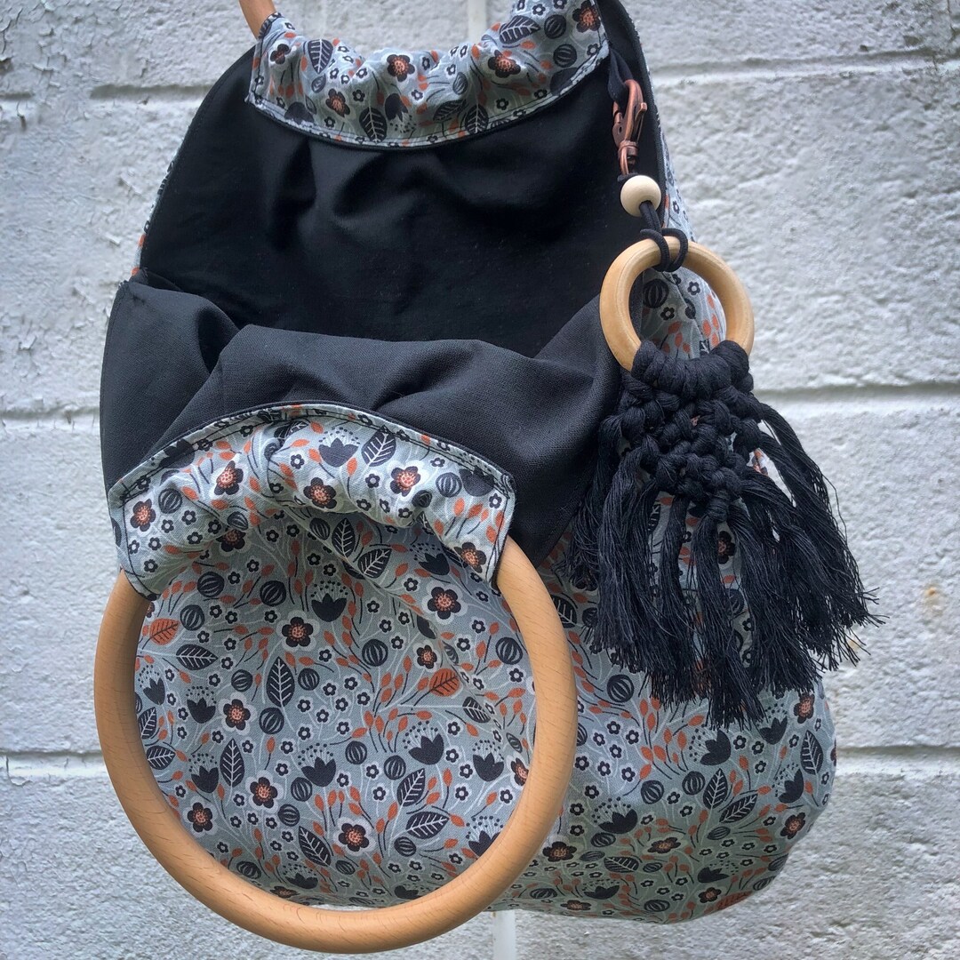 Ring Handle Tote Bag Gray Black and Rust Floral Cotton Boho Style Purse ...