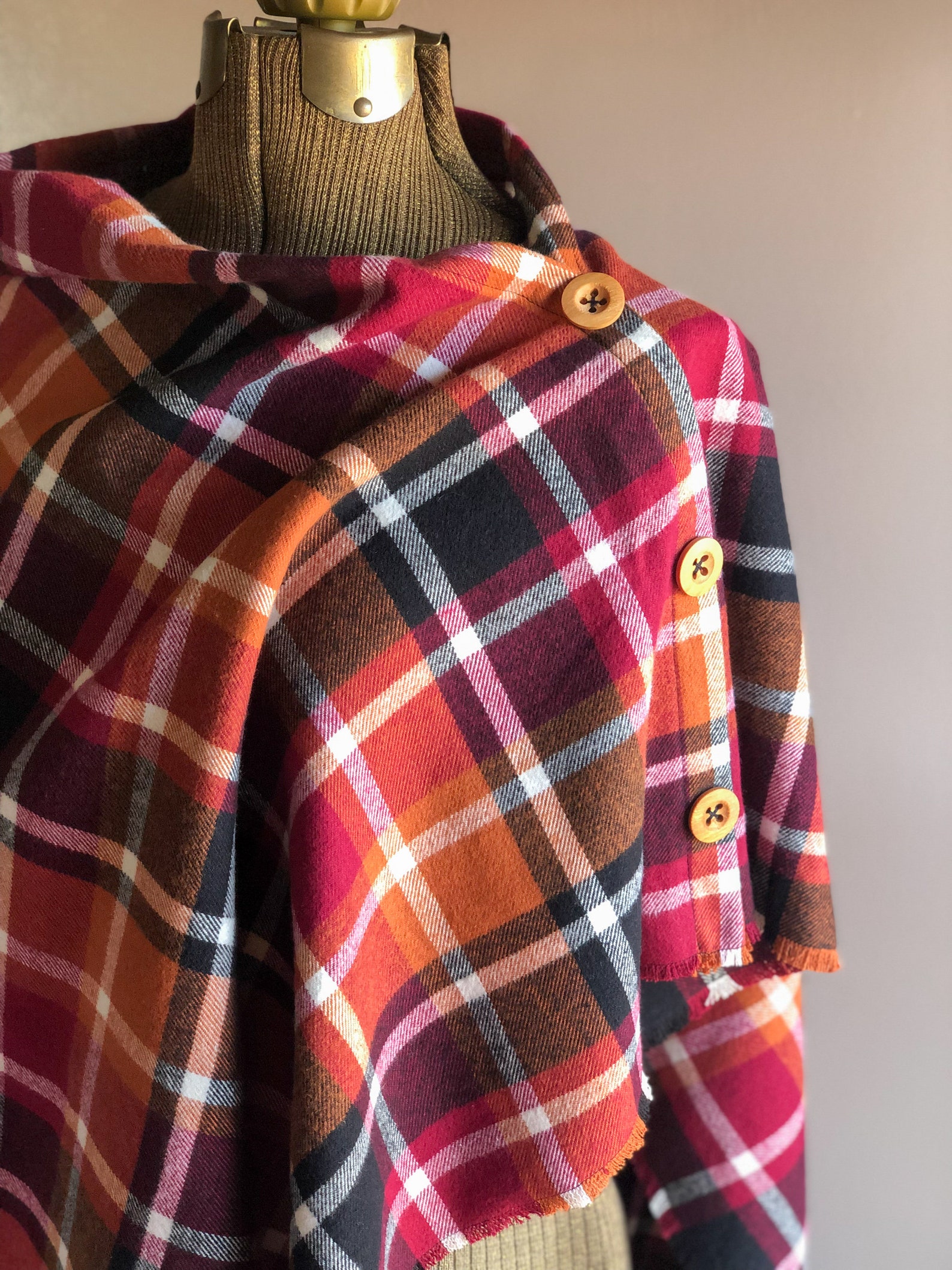 Rust and Burgundy Fall Plaid Button Wrap Shawl Scarf, Brushed Cotton ...