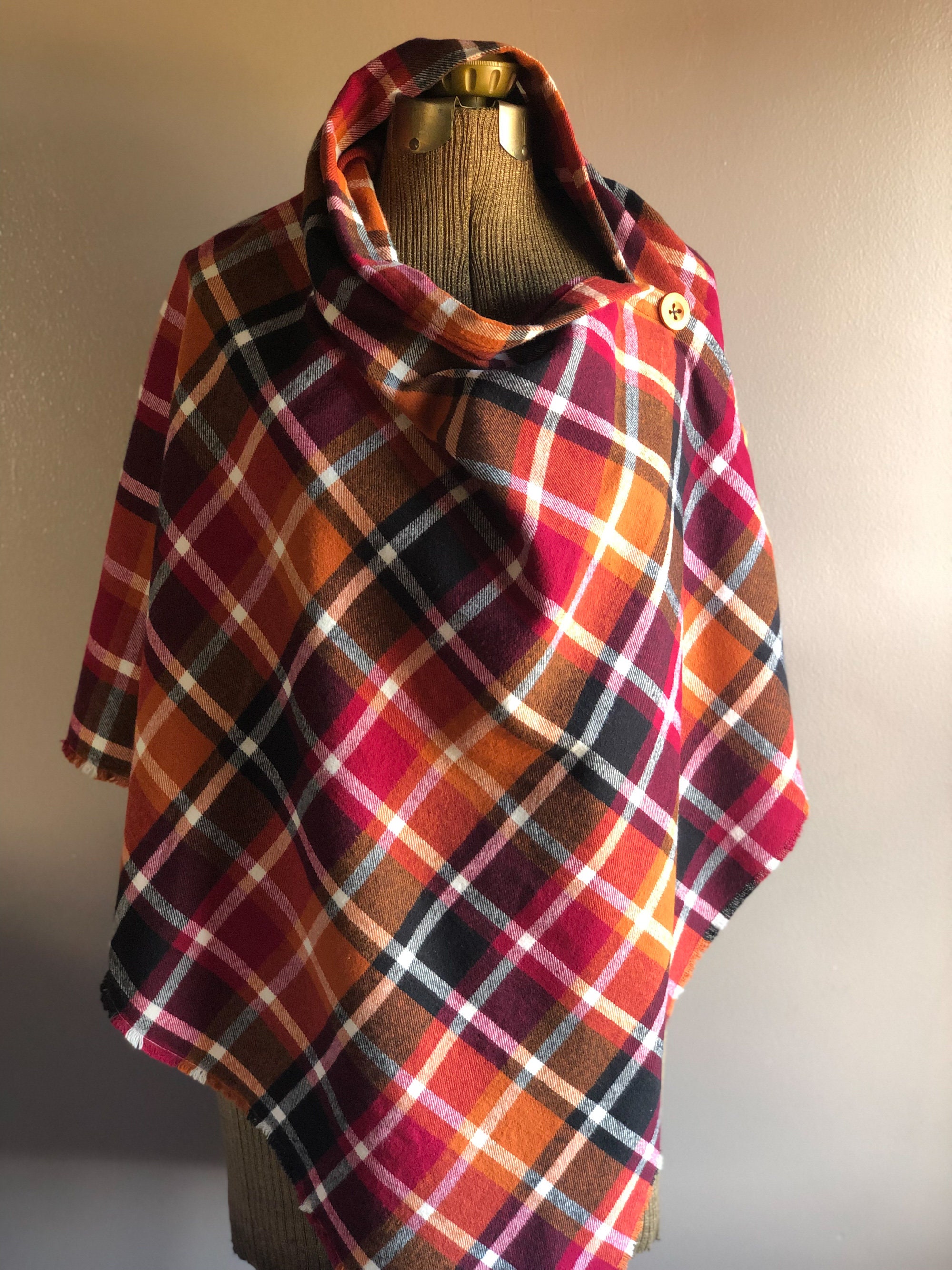 Rust and Burgundy Fall Plaid Button Wrap Shawl Scarf, Brushed Cotton ...