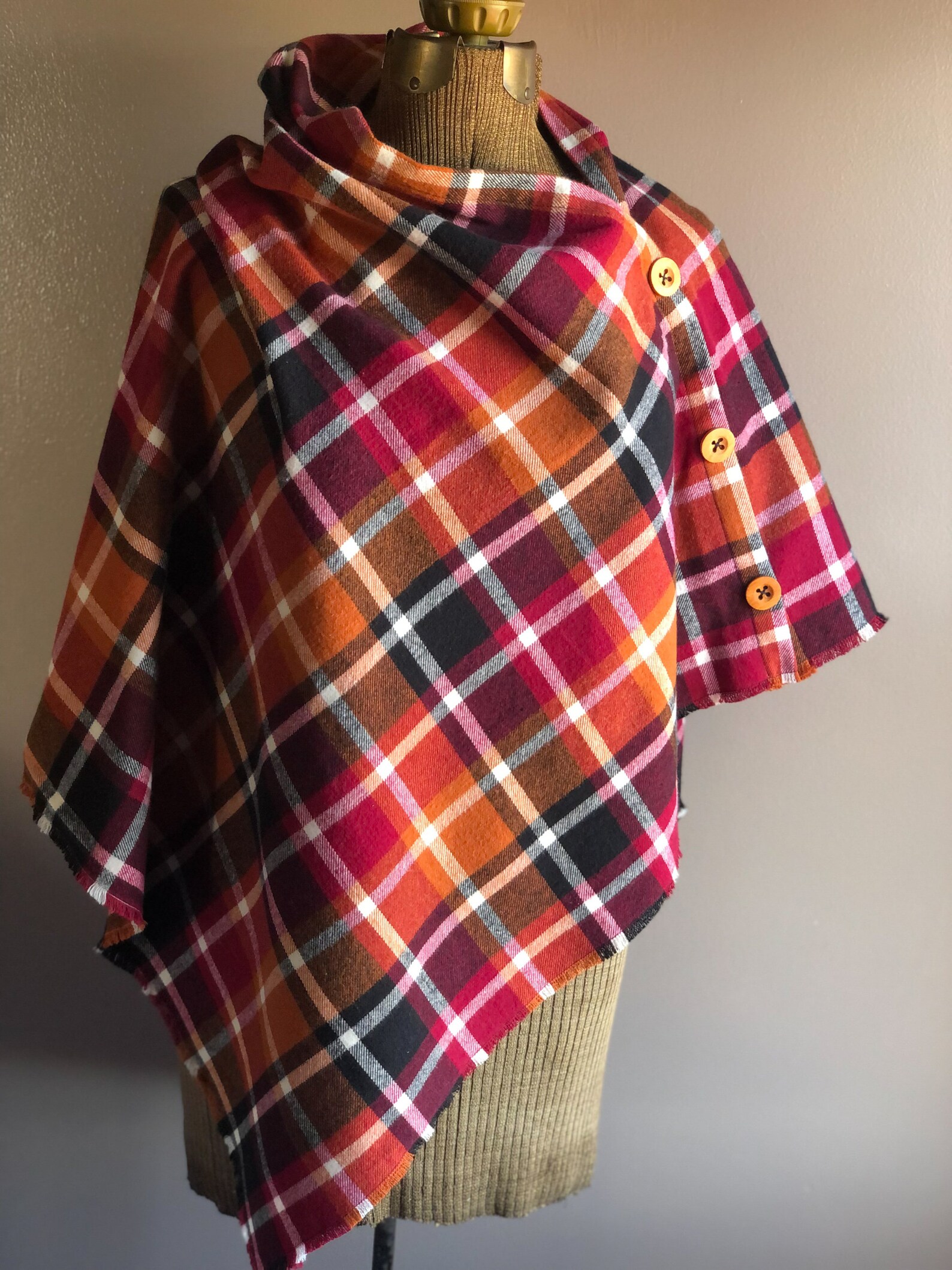 Rust and Burgundy Fall Plaid Button Wrap Shawl Scarf, Brushed Cotton ...