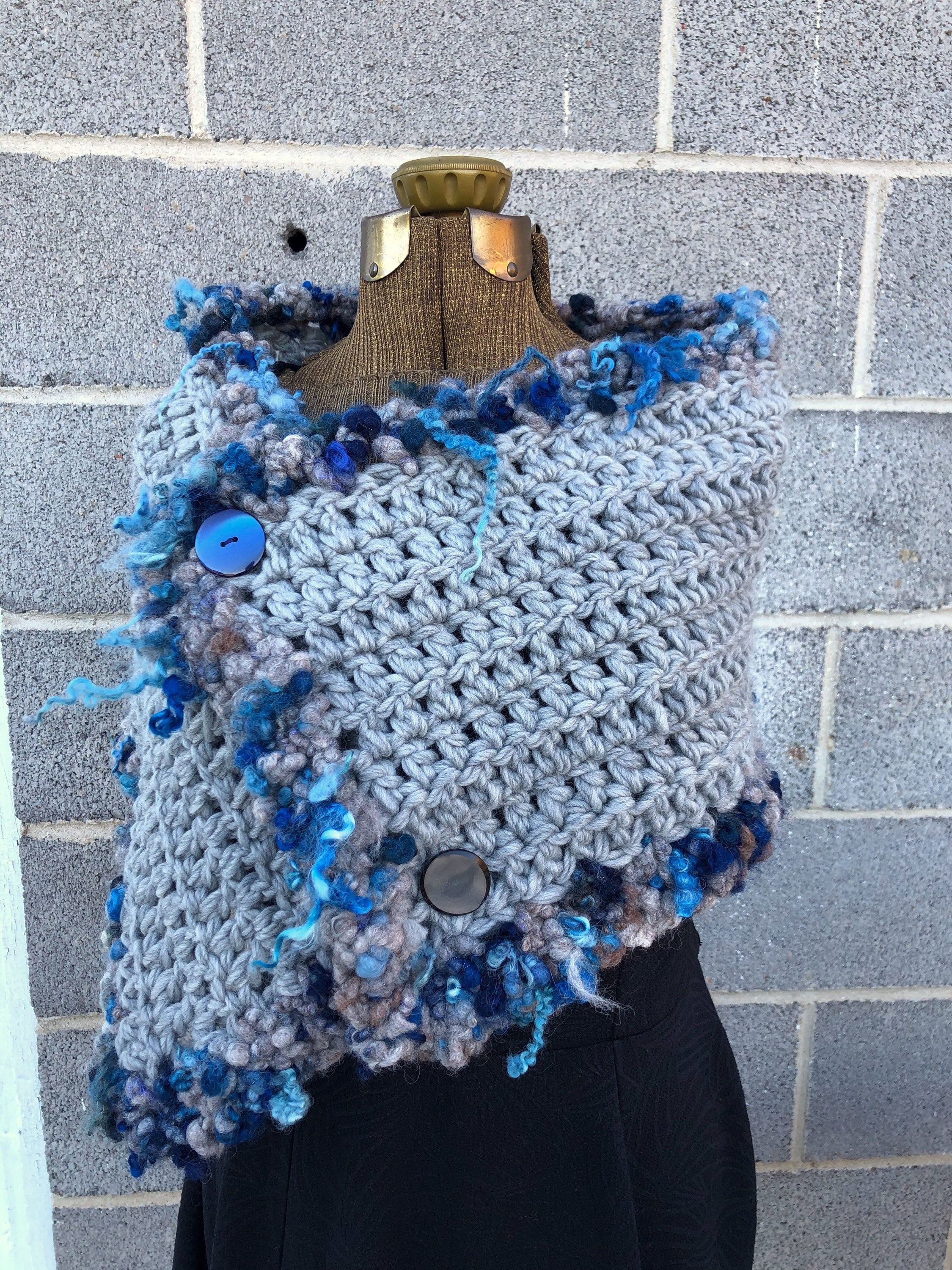 Striking Gray and Blue Capelet Button Scarf, Luxurious Crochet Button ...