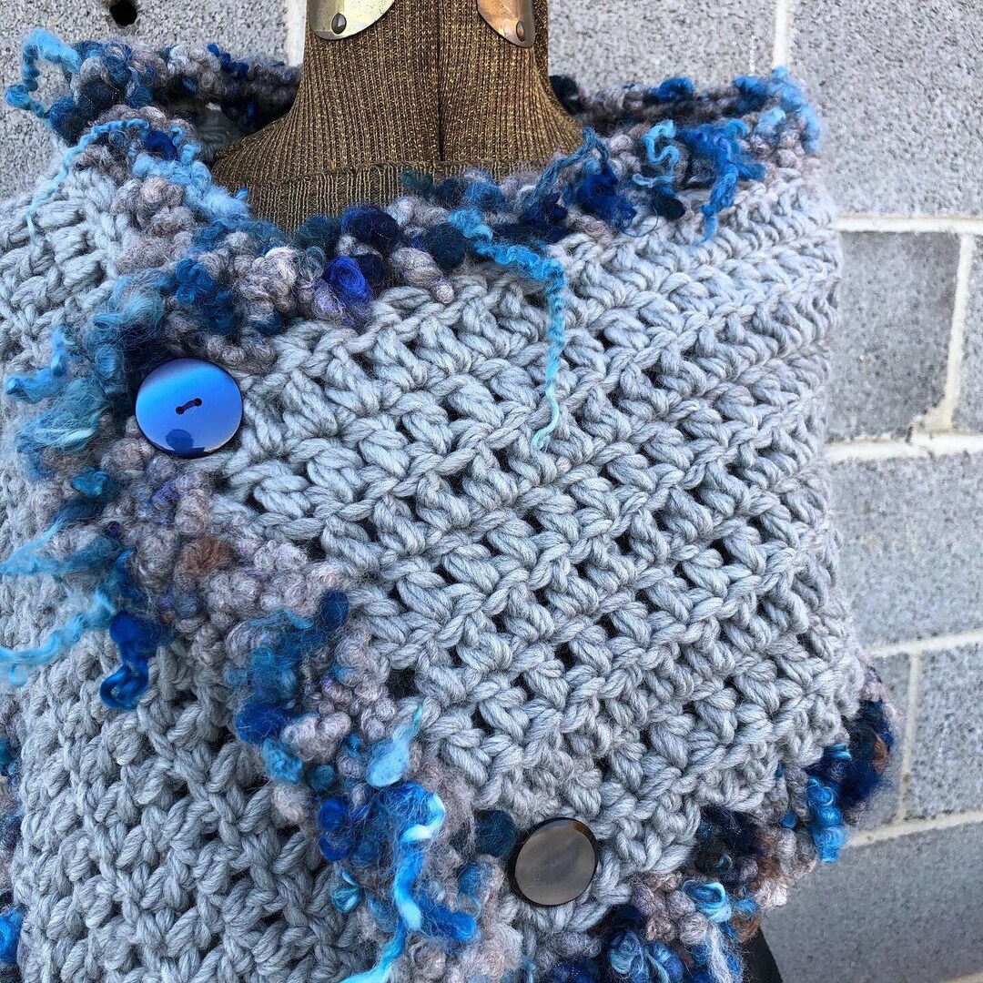 Striking Gray and Blue Capelet Button Scarf, Luxurious Crochet Button ...