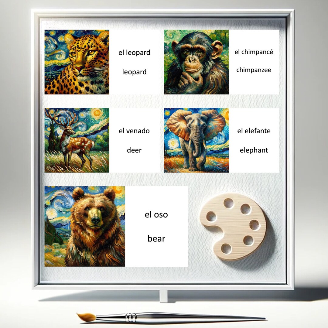 50 Spanish-english Animals Word Cards With Ai-generated Van Gogh-style ...