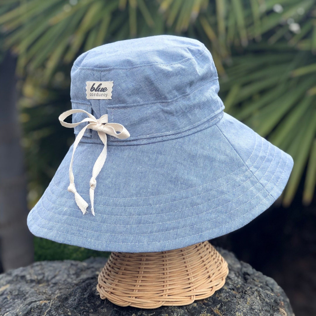 Blue Linen Sun Hat: Wide Brim, Foldable Beach Hat With Drawstring - Etsy