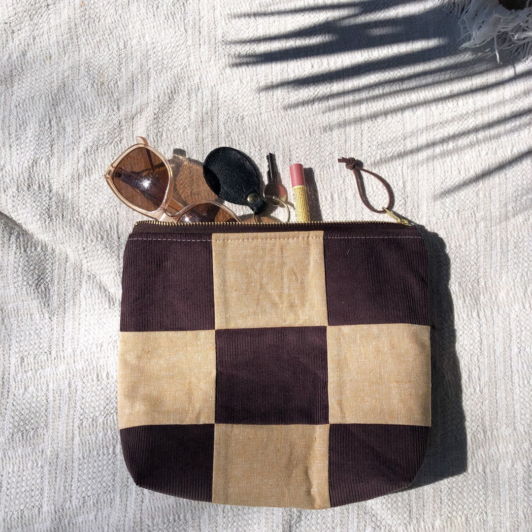 Checkered Bag, Patchwork Zipper Pouch, Corduroy Make up Bag, Back to ...