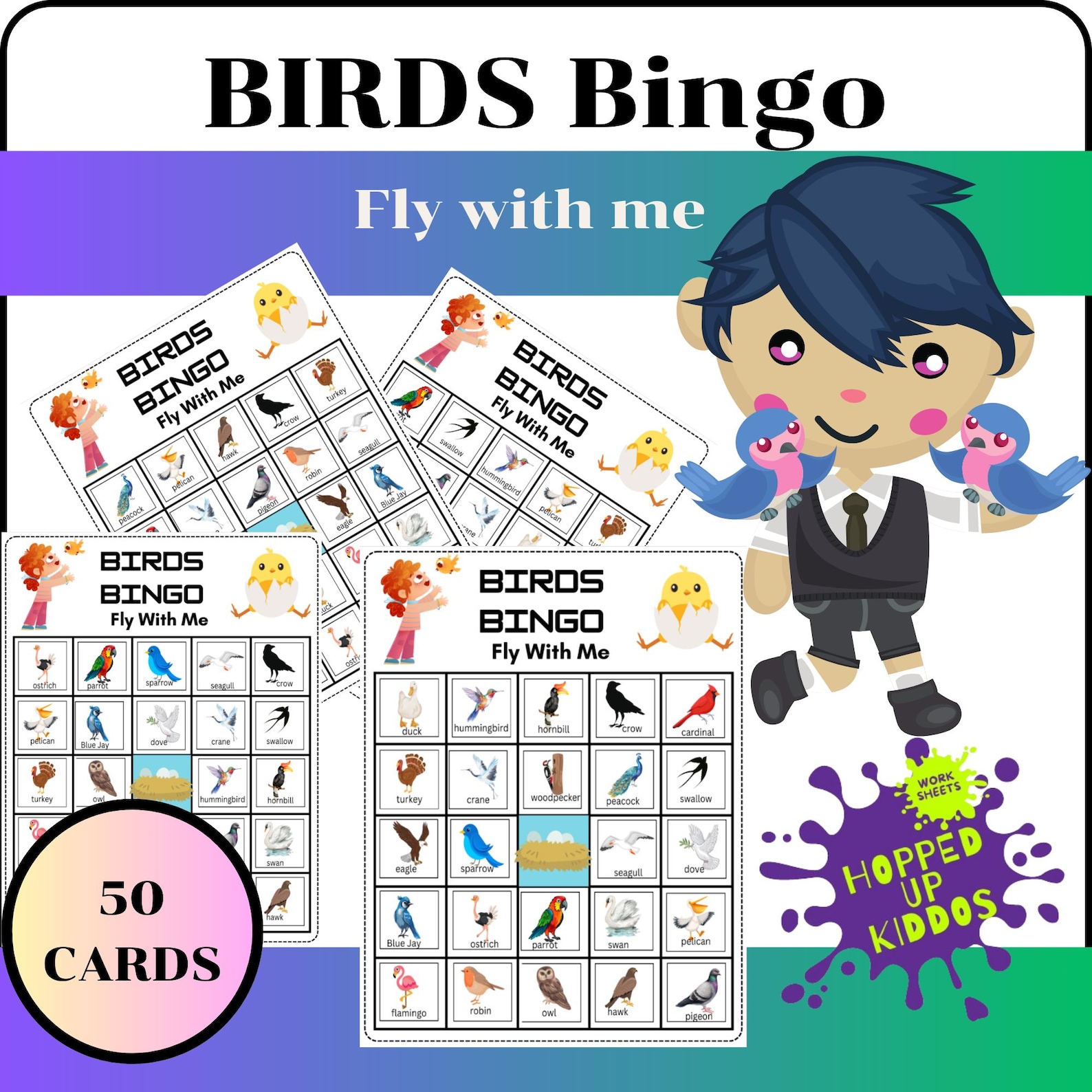 Birds Bingo Game Printable - 50 Cards | Fun Learning for Kids | Bird ...