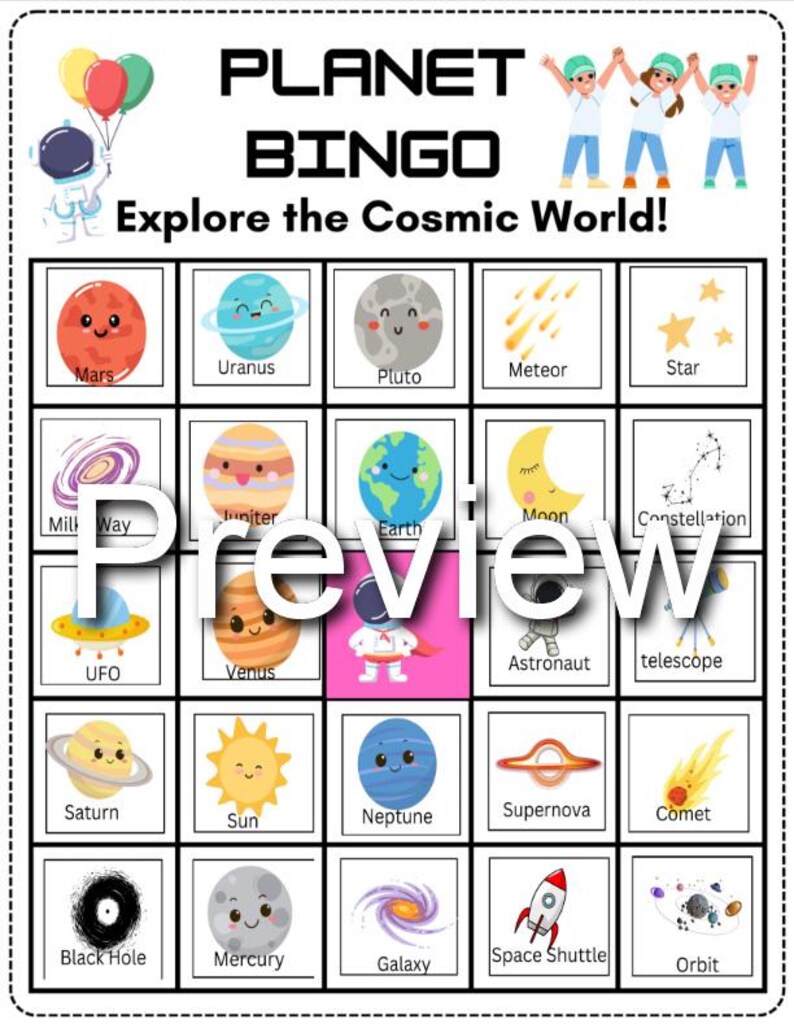 50 Planet Bingo Game Prefilled Cards - Explore the Cosmic World!, PDF ...