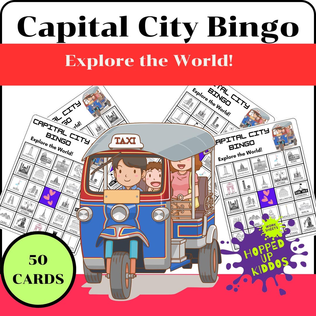 Capital City Bingo: Geography Game, 50 Printable Cards (PDF Pattern) - Etsy