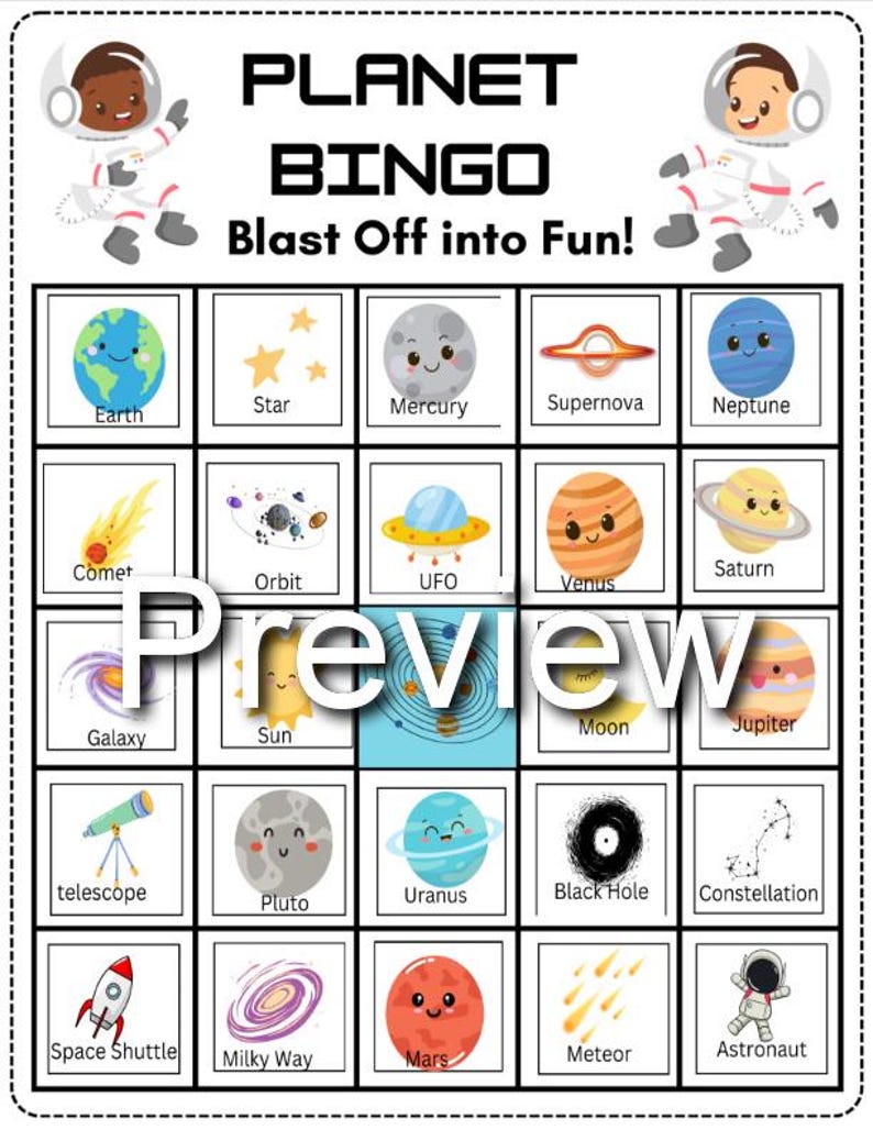 50 Planet Bingo Game Prefilled Cards - Blast off Into Fun!, PDF ...