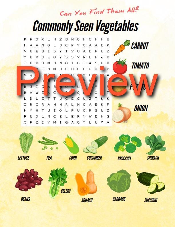 Vegetable Word Search Puzzle Book for Kids | Printable Activity (ages 6 ...