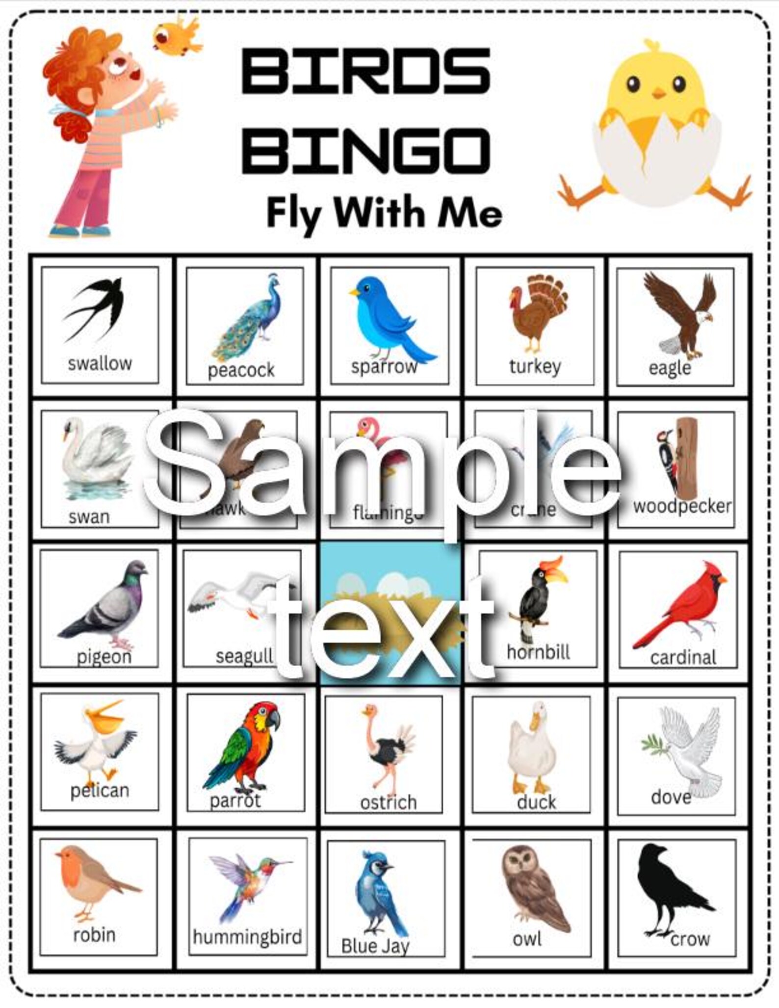 Birds Bingo Game Printable - 50 Cards | Fun Learning for Kids | Bird ...