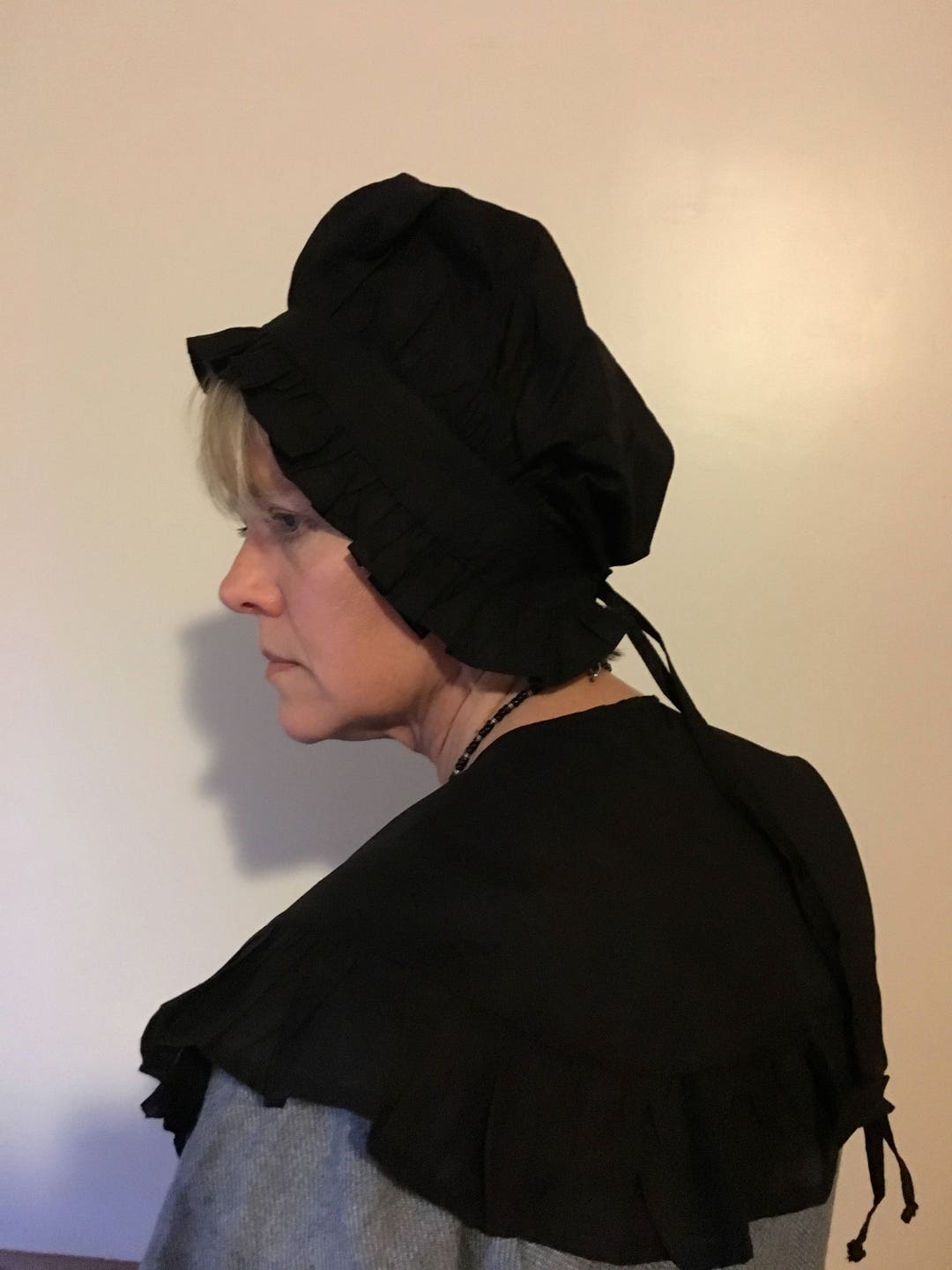 Black Colonial Cap and Scarf Set or Solo Ruffled Round Eared and Fichu ...
