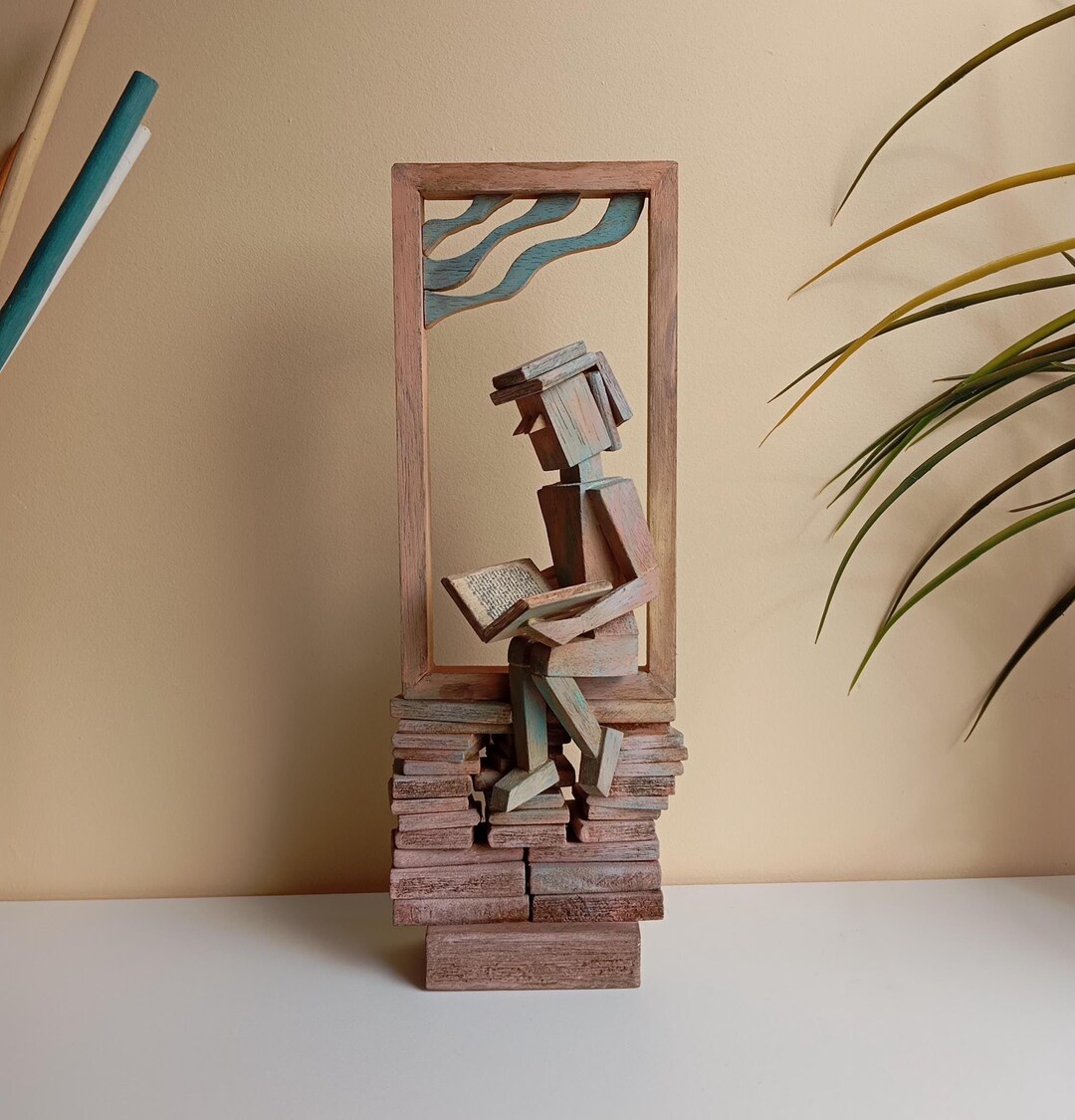 Reading Book Nook Décor. Wood Figure. Bookend Sculptures. Library ...