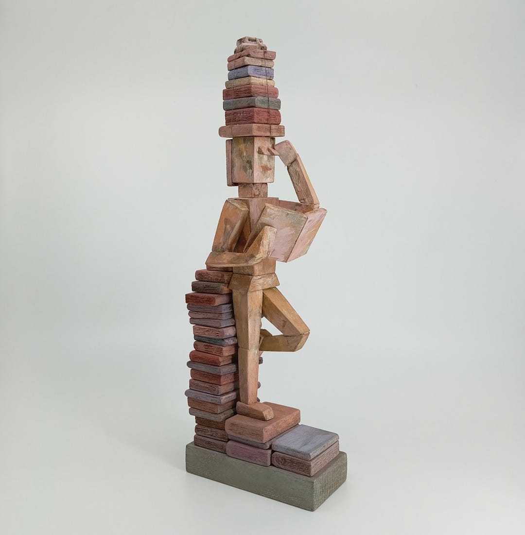 Art Nouveau Wooden Reader Sculpture: Minimalist Bookshelf Literary ...