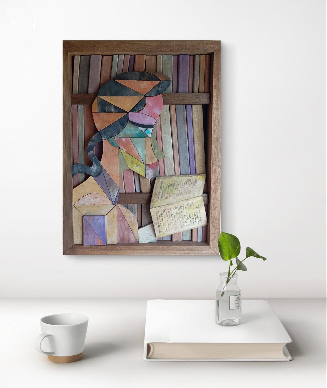Woman Reader Geometric Art, Wood Mural Art Sculpture, Abstract Wall ...