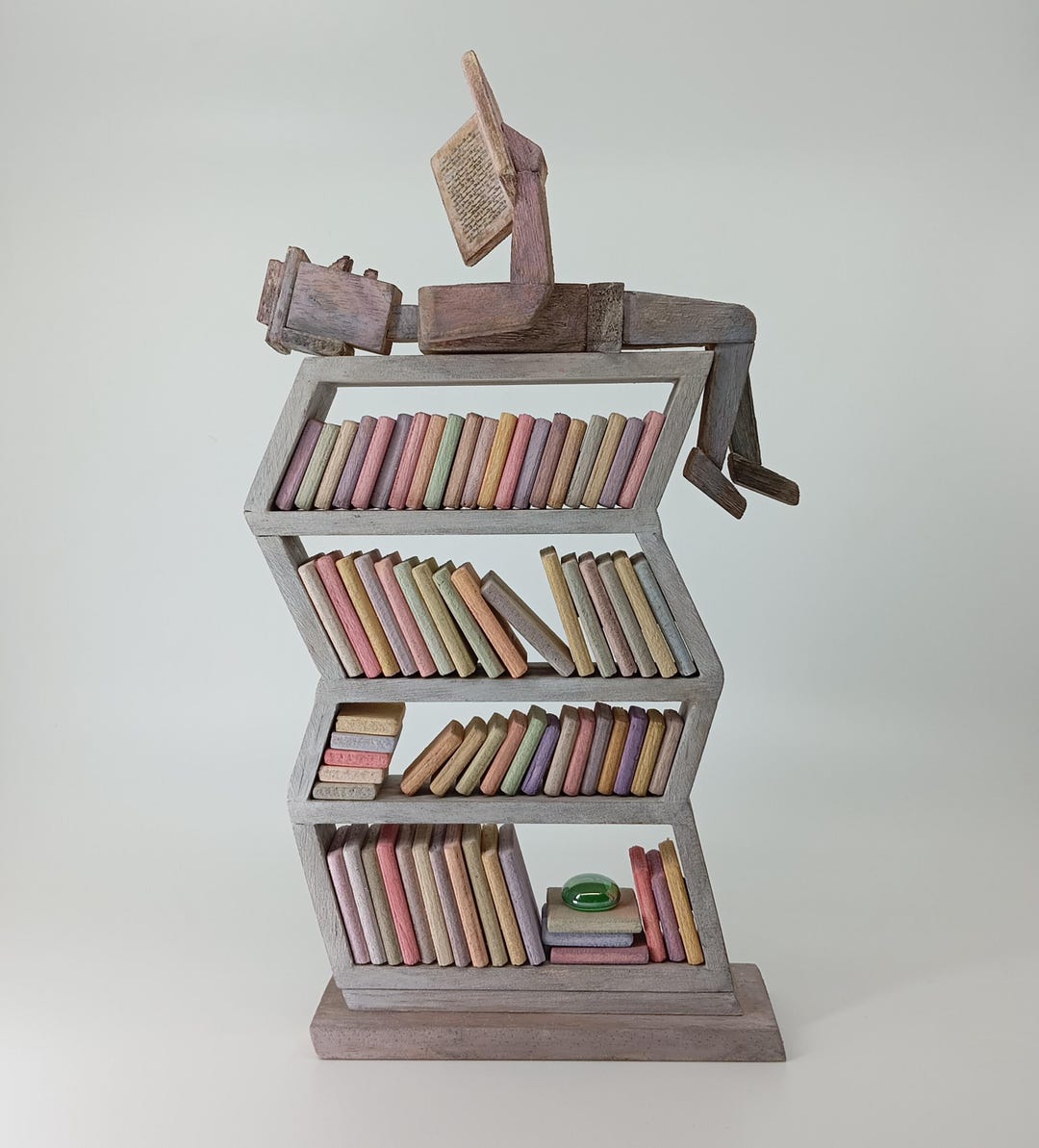 Minimalist Library Figure, Optimistic Intellectual Style Wooden Reading Sculpture, Cozy Reading ...