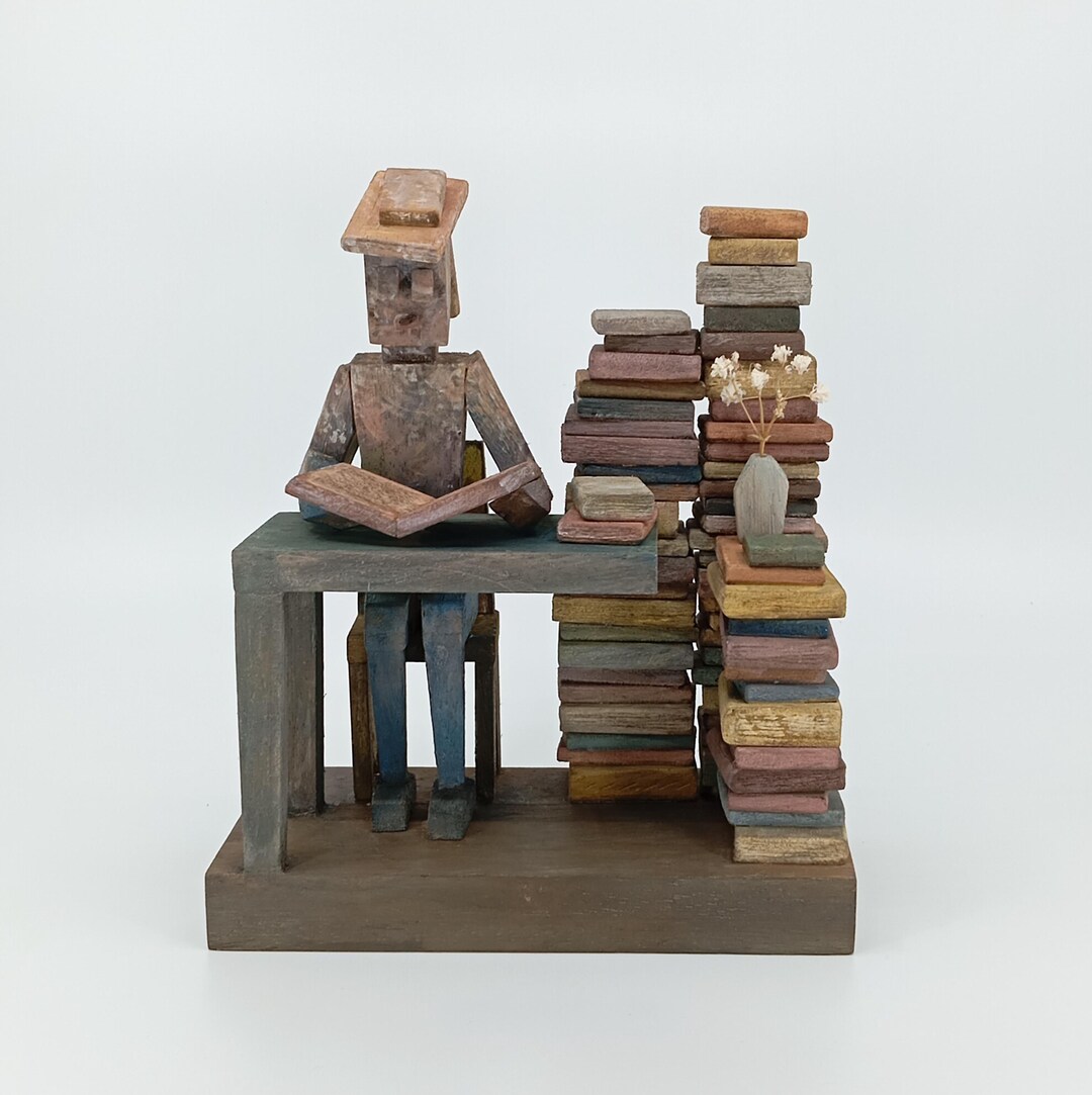 Wooden Figure With a Stack of Books, Cozy Decor for Bookshelves ...
