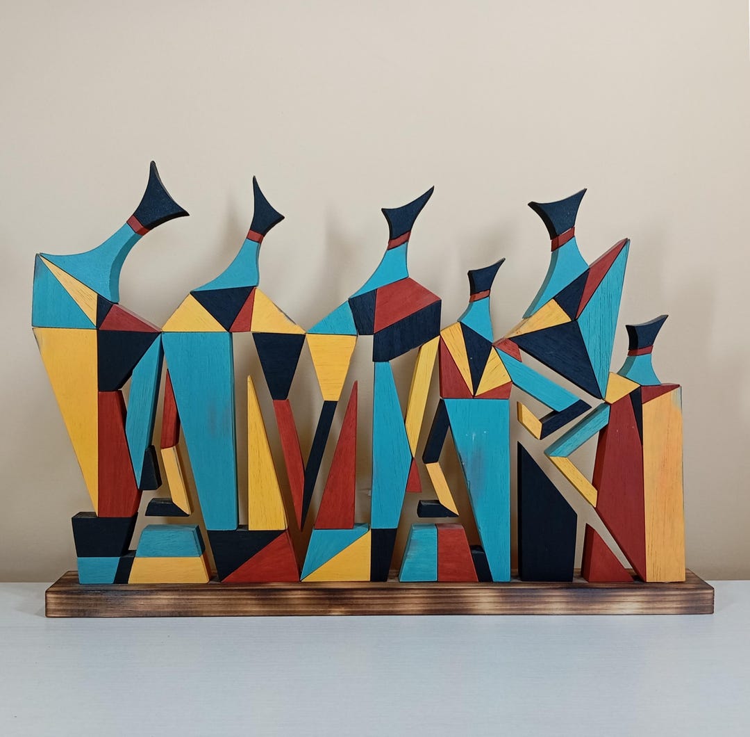 Cubist Wood of Family Sculpture, Original Handmade Abstract Sculpture ...