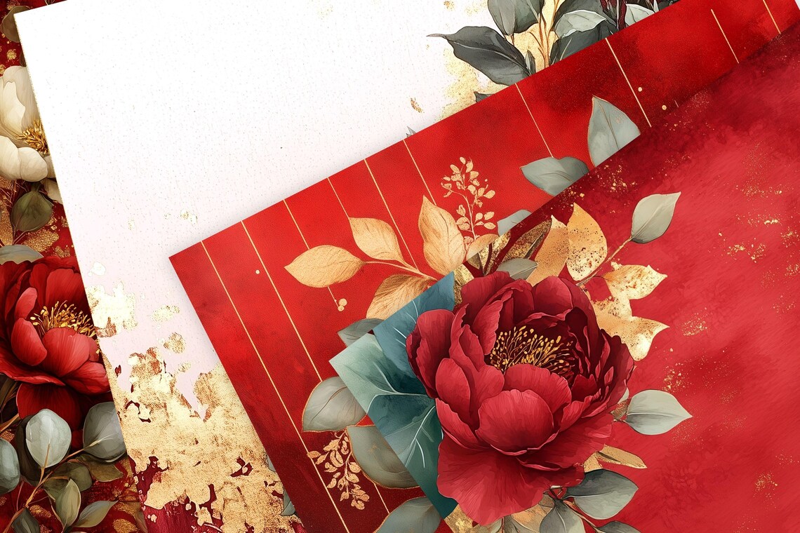 Red Gold Watercolor Peonies Scrapbook Paper | Flowers Floral Botanical ...