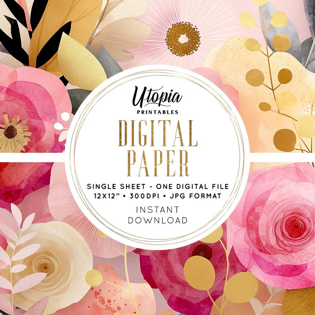 ONE Pink Yellow Gold Boho Flowers Scrapbook Paper Single Sheet ...