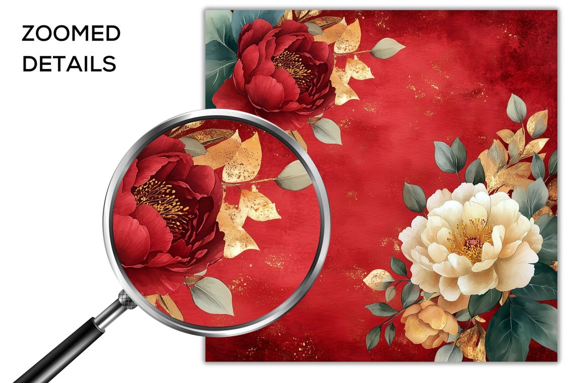 Red Gold Watercolor Peonies Scrapbook Paper | Flowers Floral Botanical ...
