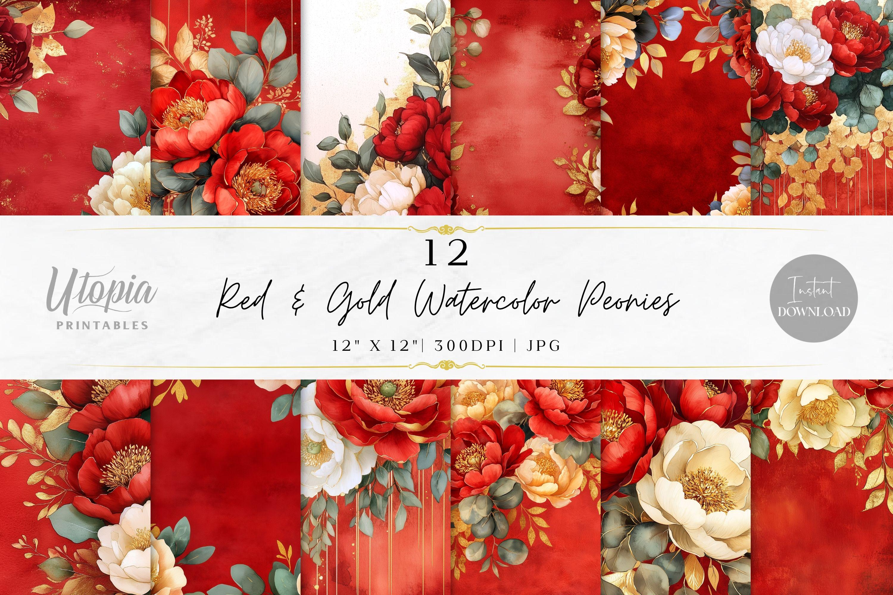 Red Gold Watercolor Peonies Scrapbook Paper | Flowers Floral Botanical ...