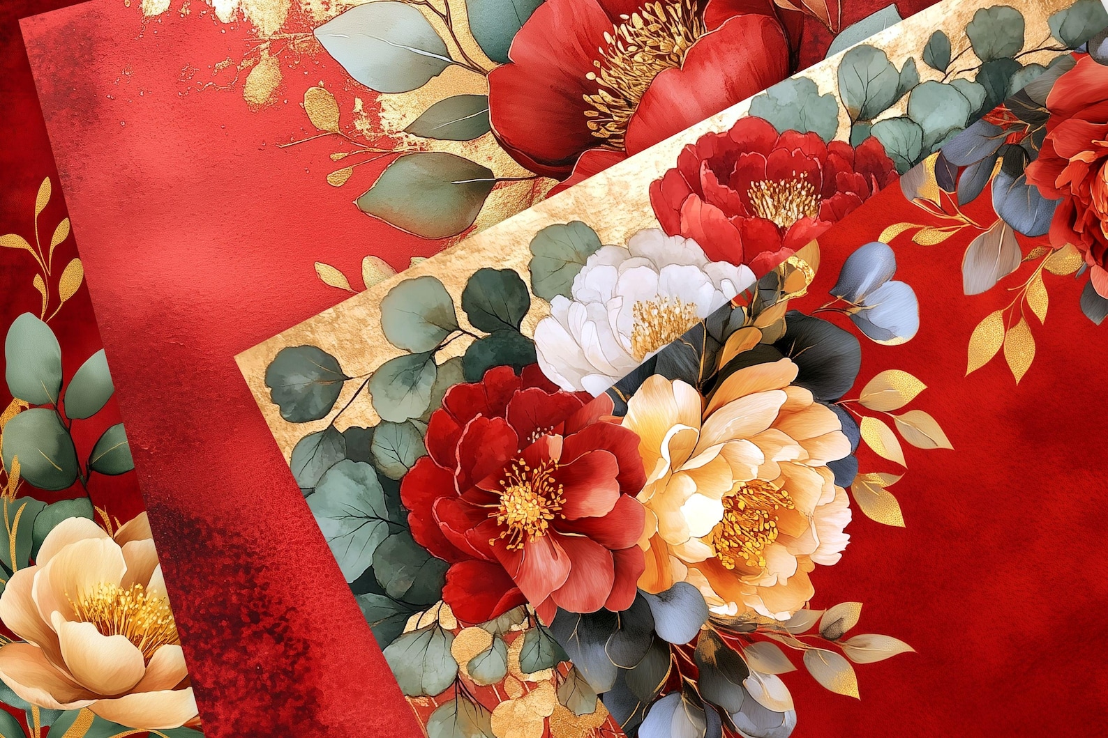 Red Gold Watercolor Peonies Scrapbook Paper | Flowers Floral Botanical ...