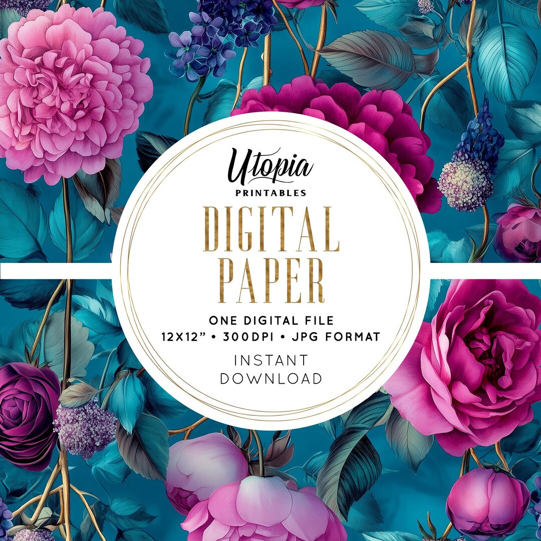 ONE Teal Pink Flowers Scrapbook Paper Single Sheet | Floral Fuchsia ...