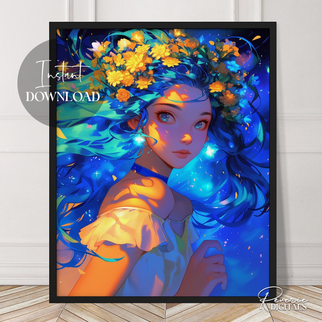 Pretty Blue-haired Anime Girl Anime Style Art Instant Download Fantasy ...