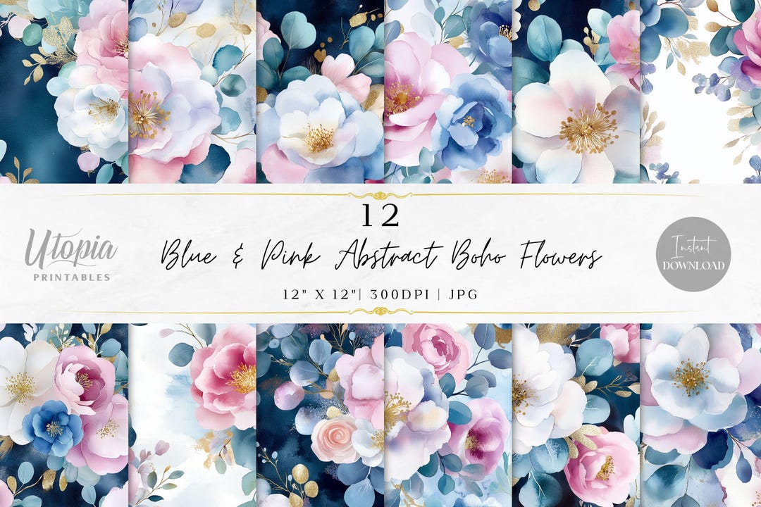 Pink Blue Abstract Boho Watercolor Pastel Flowers Scrapbook Paper ...