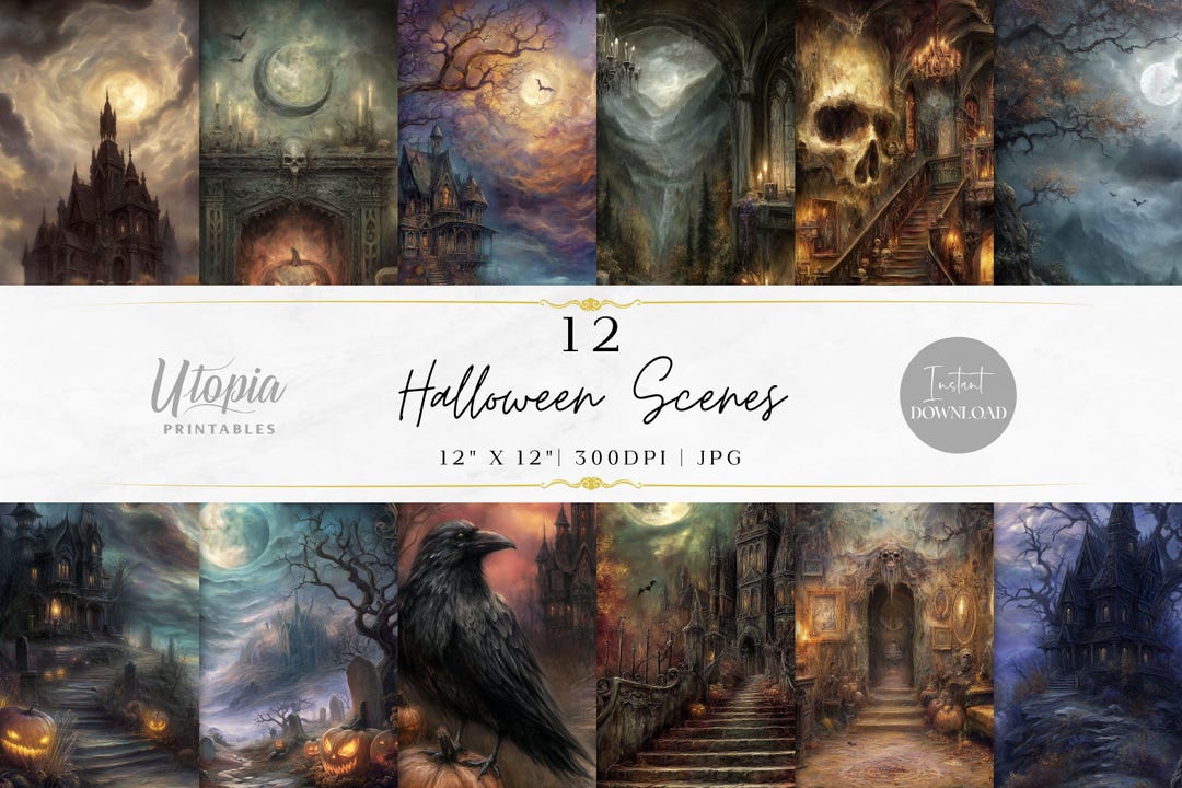 Halloween Scenes Scrapbook Paper | Dark Fantasy Gothic Creepy Landscape ...