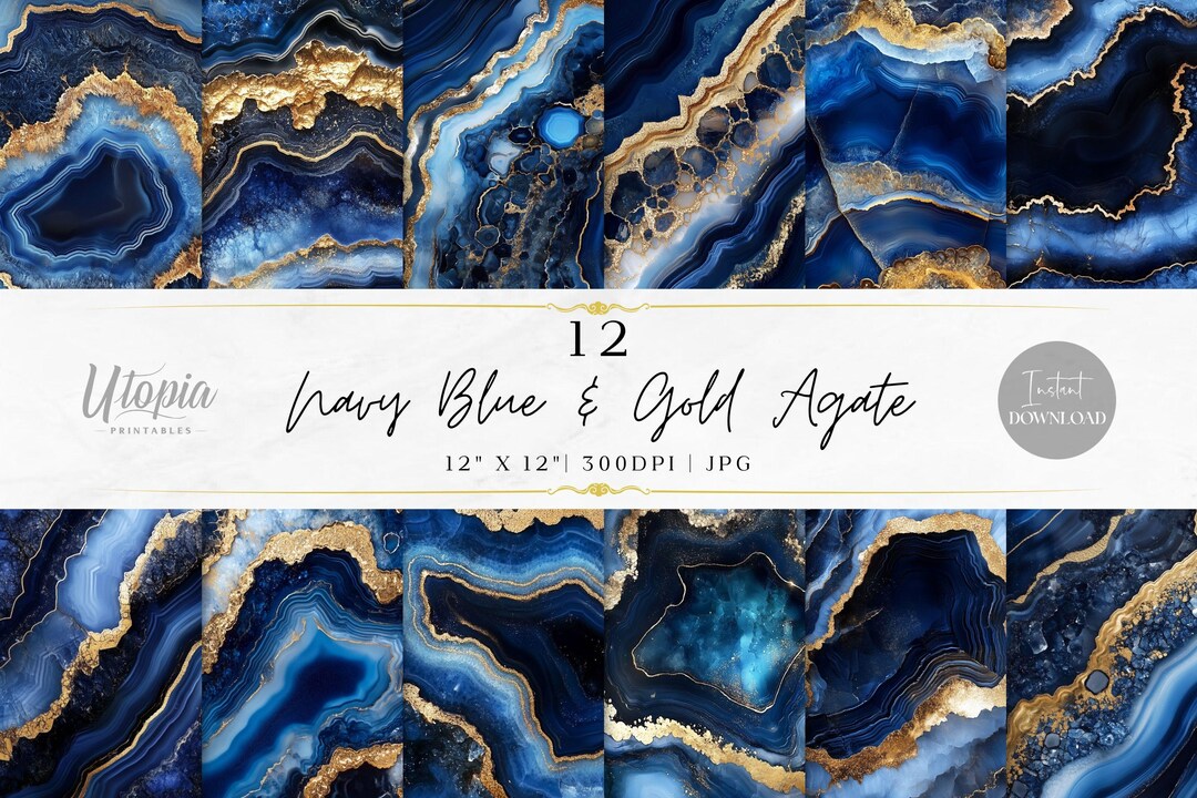 Navy Blue Gold Agate Scrapbook Paper | Stone Mineral Texture Dark Royal ...