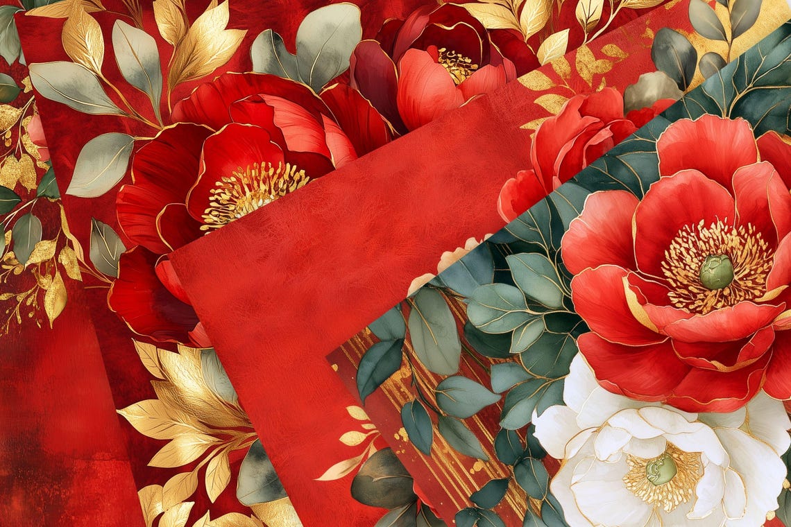 Red Gold Watercolor Peonies Scrapbook Paper | Flowers Floral Botanical ...