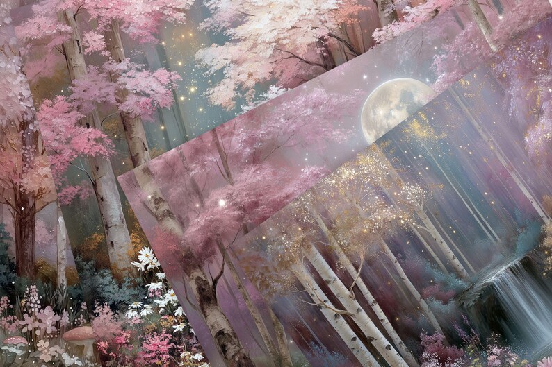 Pink Forests Scrapbook Paper | Woodland Landscapes Fantasy Trees ...