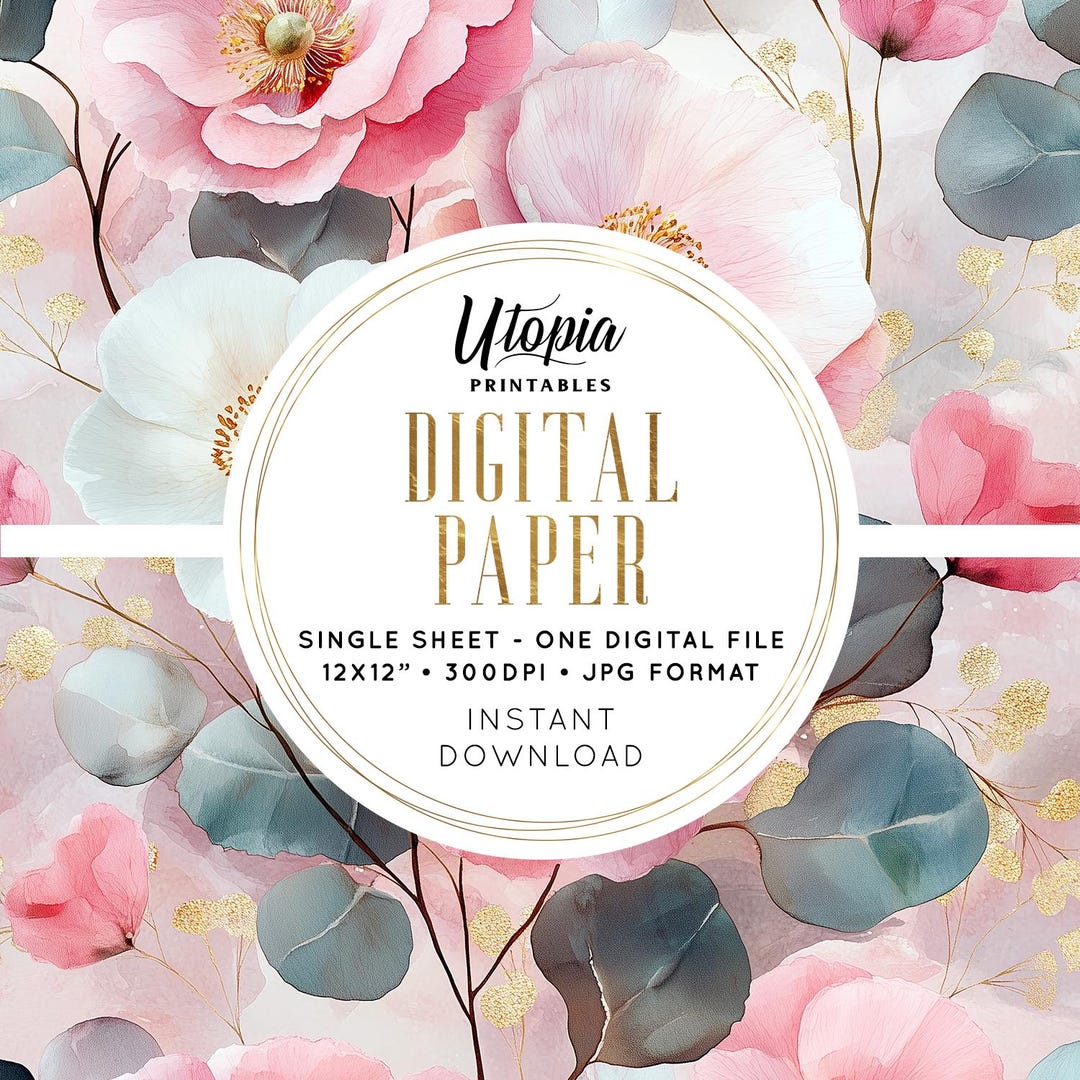ONE Pink Watercolor Flowers Scrapbook Paper Single Sheet | Blush White ...