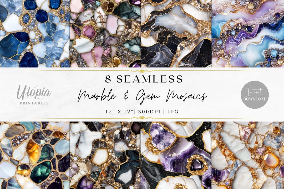 Seamless Marble Gem Mosaics Patterns | Stone Texture Agate Jewels Gold ...