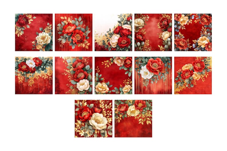 Red Gold Watercolor Peonies Scrapbook Paper | Flowers Floral Botanical ...
