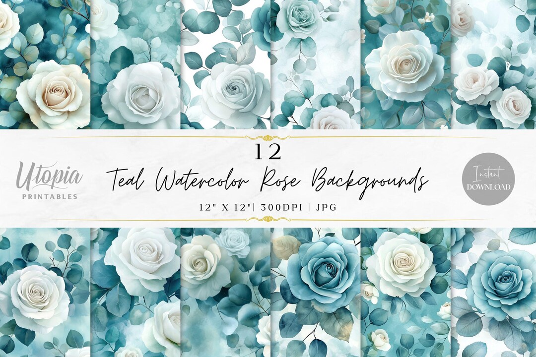Teal Aqua Blue Watercolor Roses Scrapbook Paper | Flowers Floral White ...
