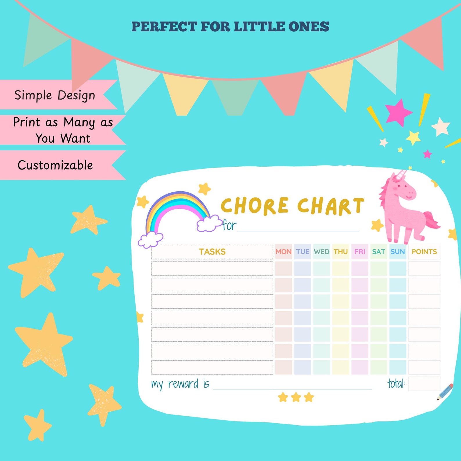 Unicorn Kids Chore Chart | Editable Printable Template (instant ...