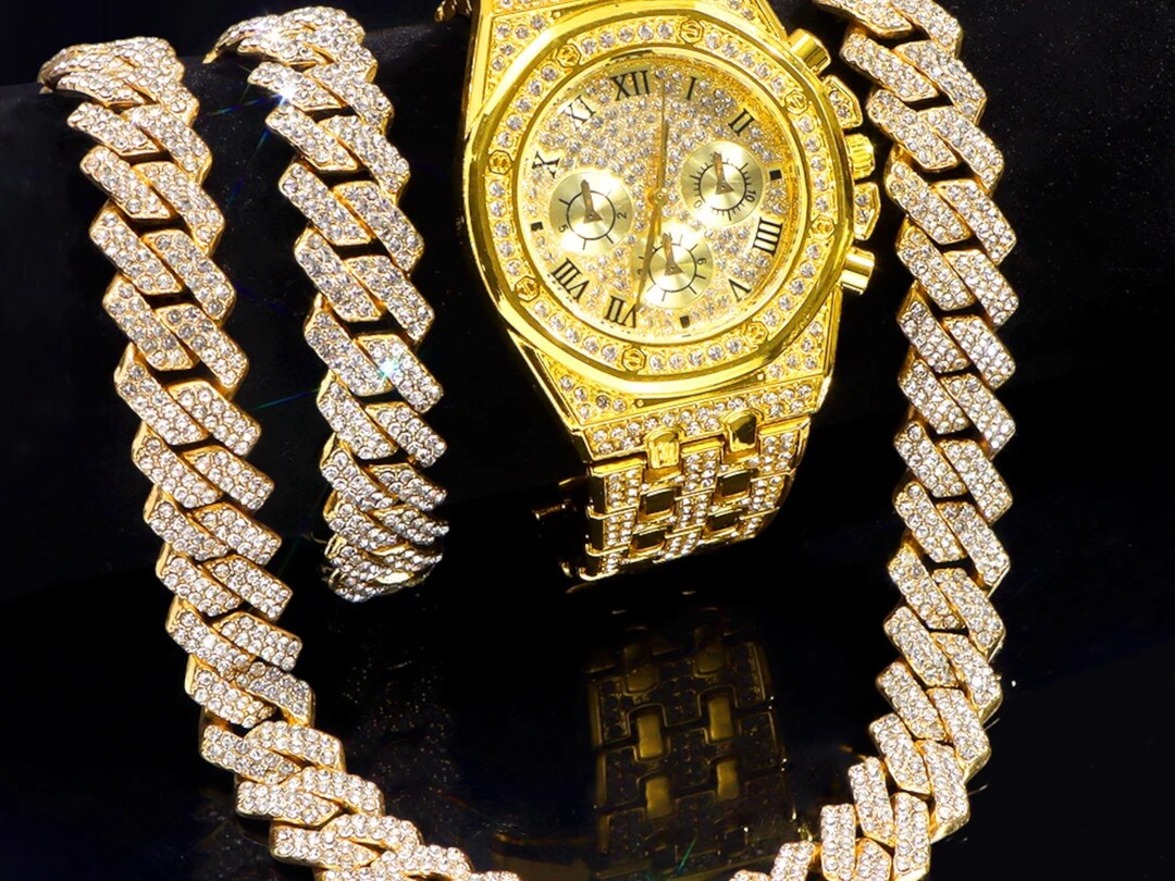 Iced Out Rhinestone Cuban Chain Necklace Set With Watch and Bracelet ...