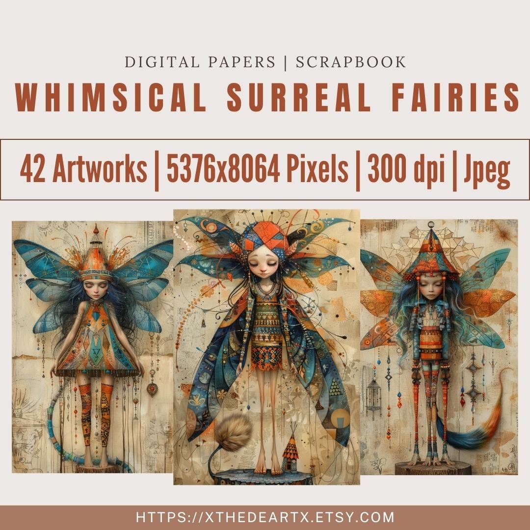 42 Whimsical Surreal Fairies Artwork, Journal Pages, Printable Papers ...