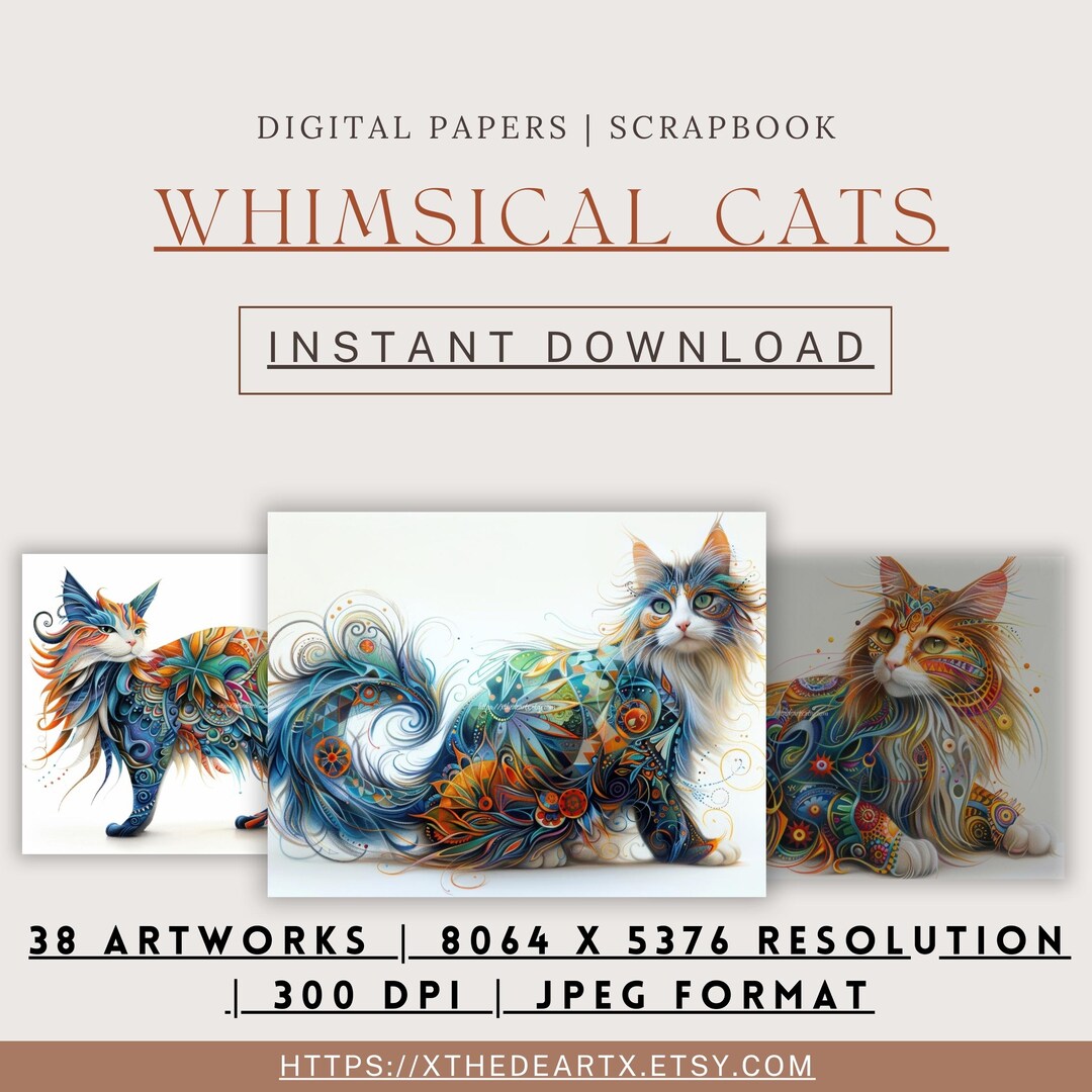 38 Whimsical Cats , Cats Printable Half Papers, Cats Junk Journal, Cats ...