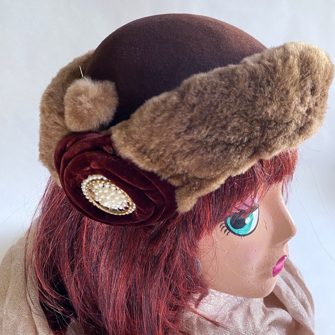 Vintage Women's Brown Felt and Beaver Fur Hat W. Hat Pin, Juliette Cap ...
